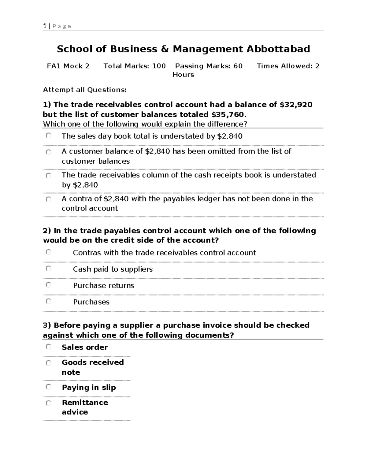 FA1 Mock 2 Accounting Practice Questions and Solutions - Studocu