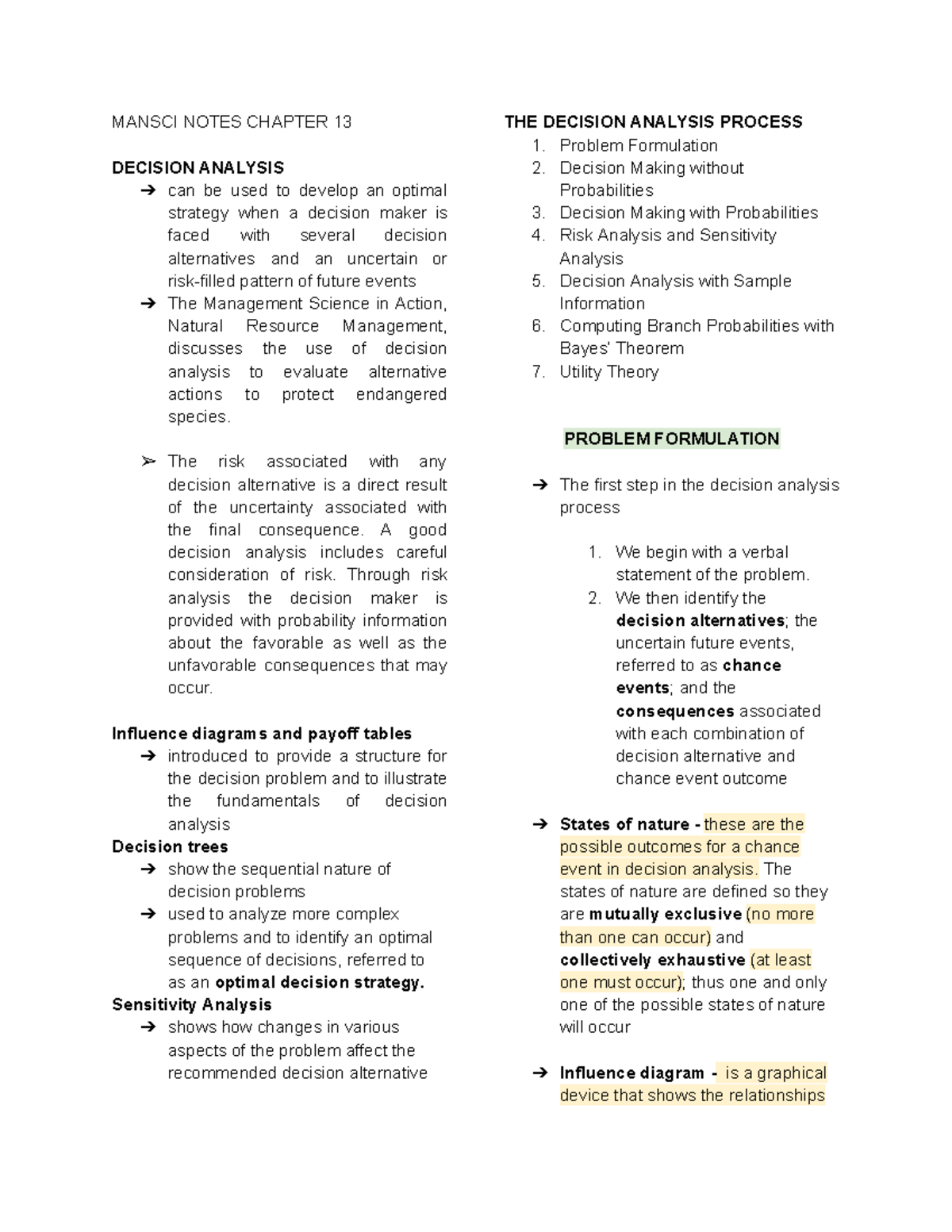 Mansci Notes - Decision Analysis Overview (Chapter 13) - Studocu