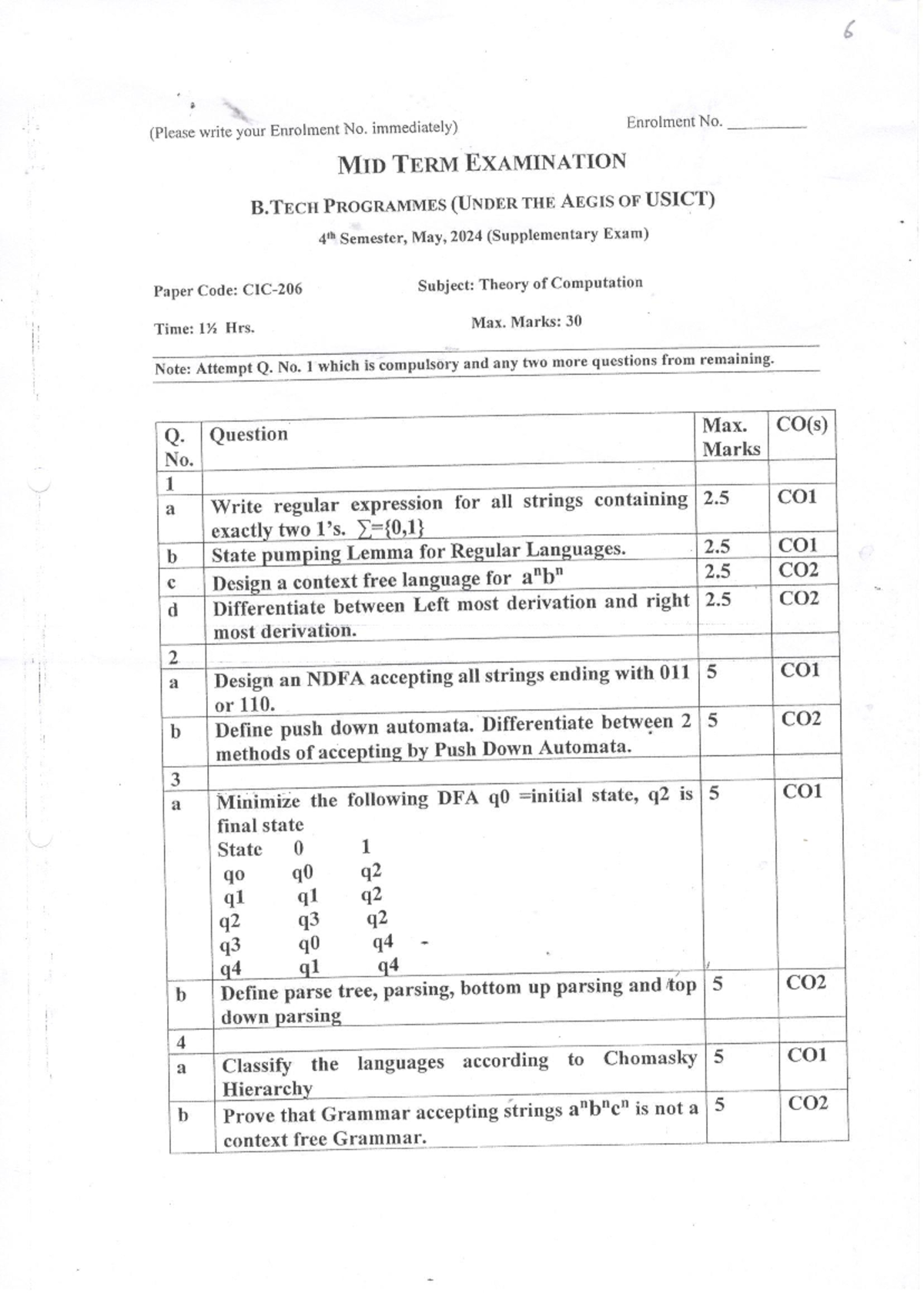 B.TECH 4th Sem Midterm Exam: Theory of Computation (May 2024) - Studocu