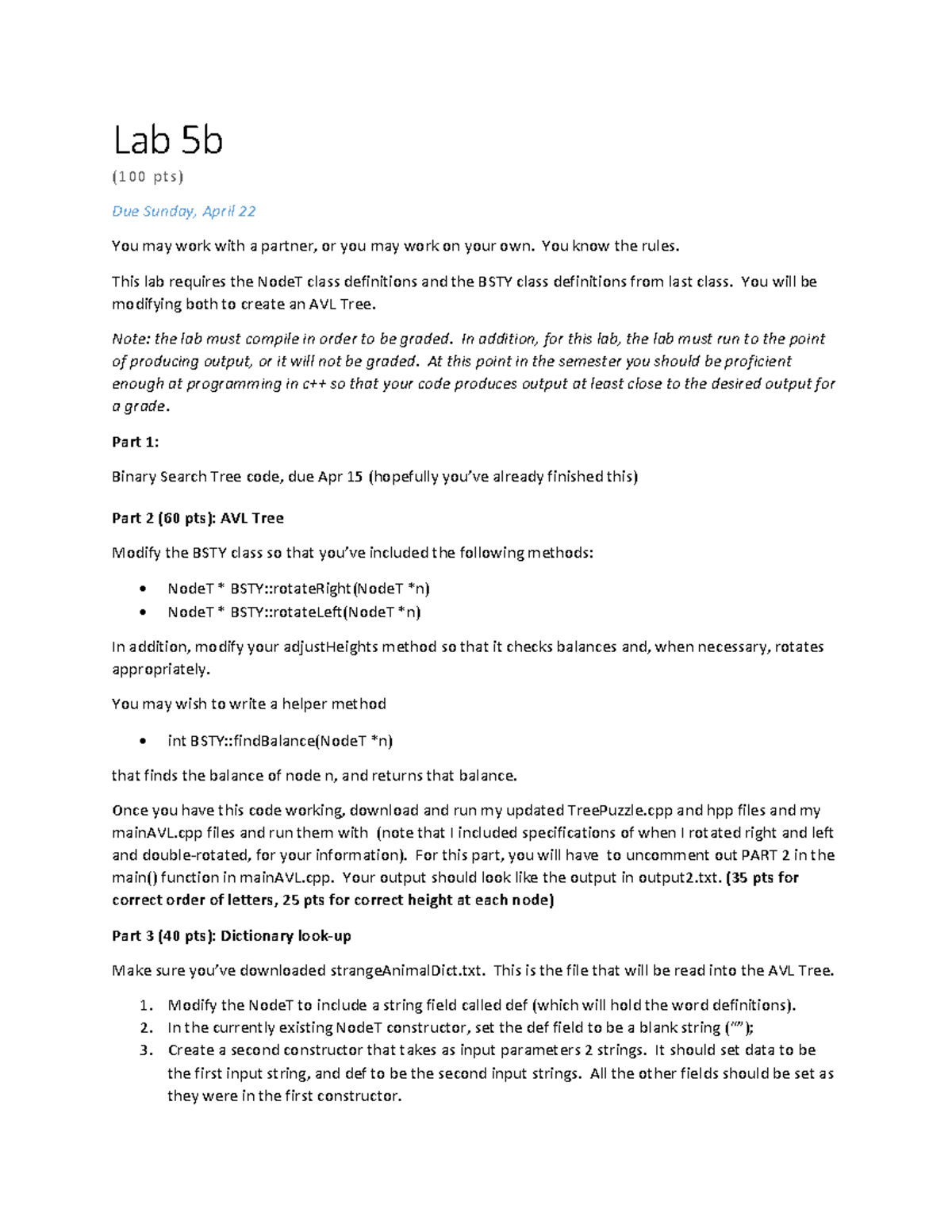 Lab5b - Lab 5 assignment - Lab 5b (100 pts) Due Sunday, April 22 You ...