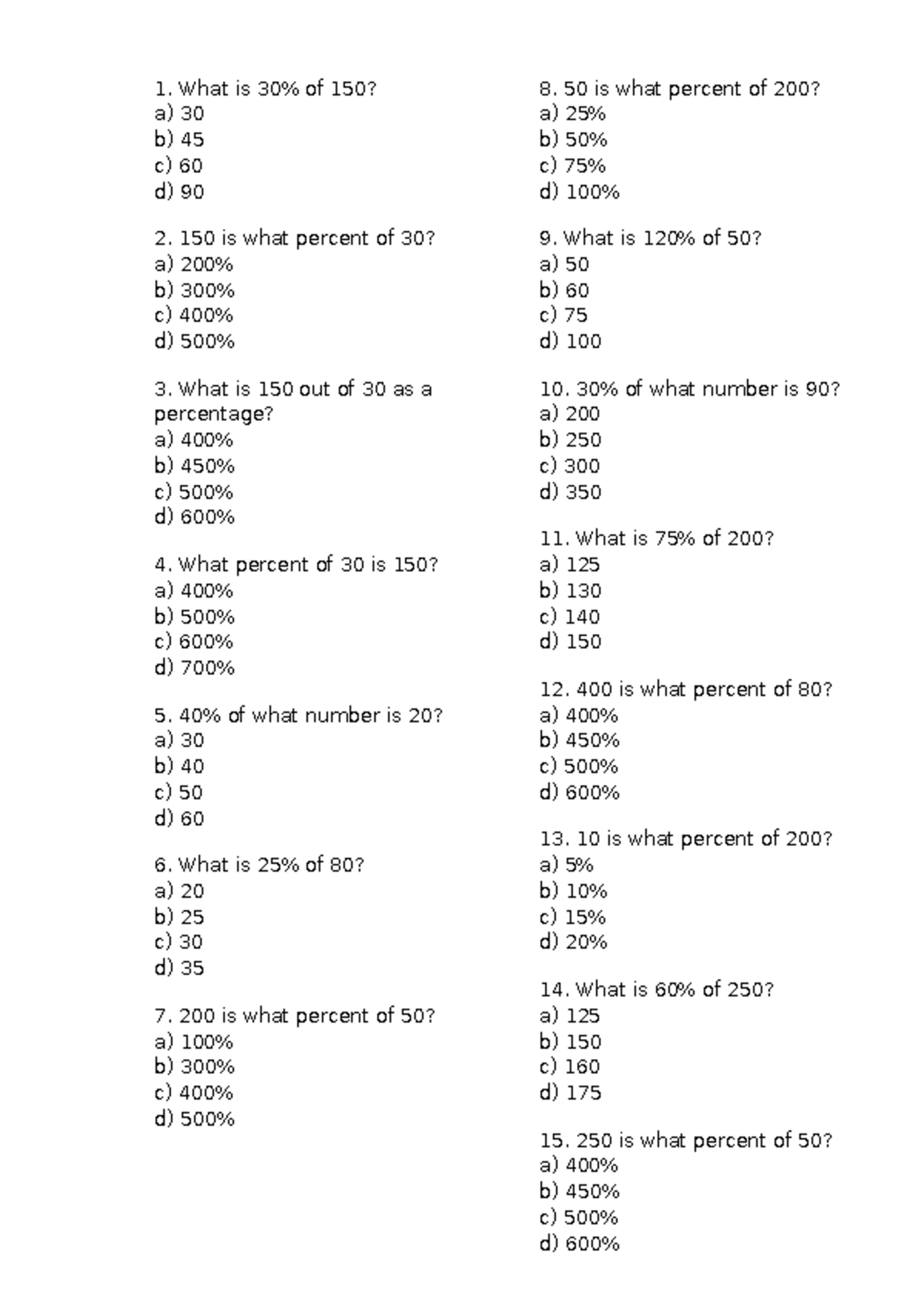 Percentage Questions - ict plan - What is 30% of 150? a) 30 b) 45 c) 60 ...