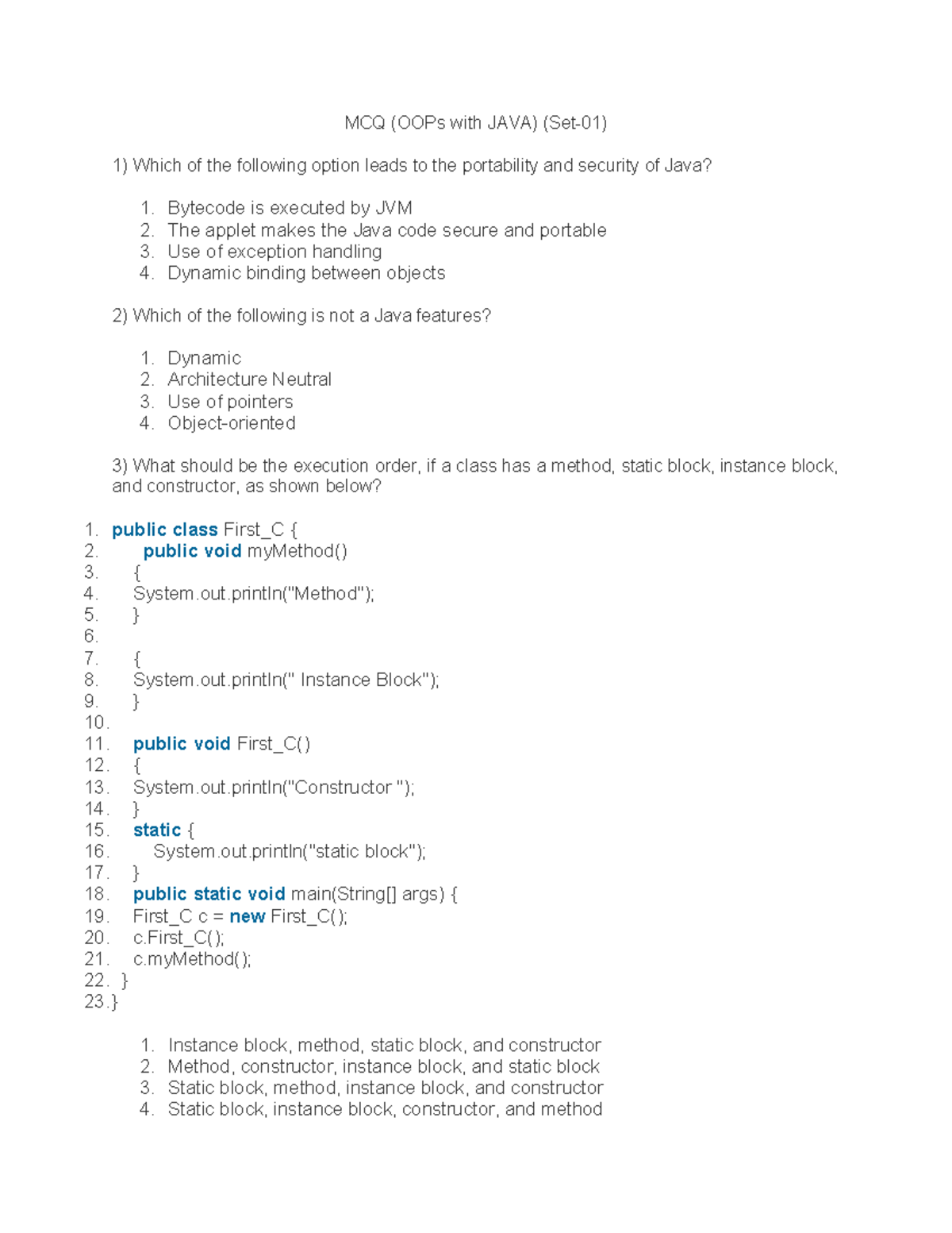 Set-1 MCQ Questions on JAVA (OOPs Concepts) - Studocu