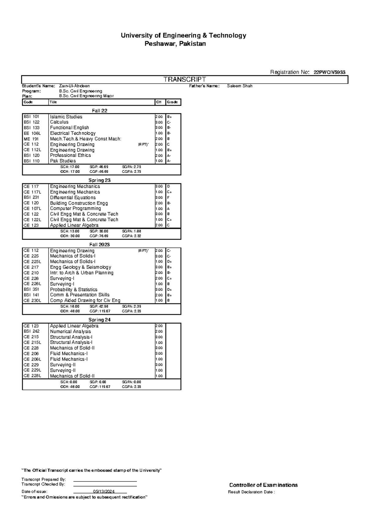 Transcript for B.Sc. Civil Engineering (Registration No: 22PWCIV) - Studocu