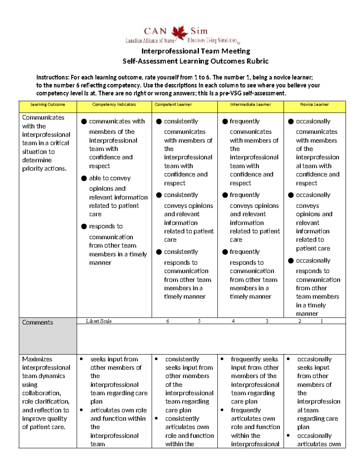 Interprofessional Team Meeting Self-Assessment Rubric Instructions ...