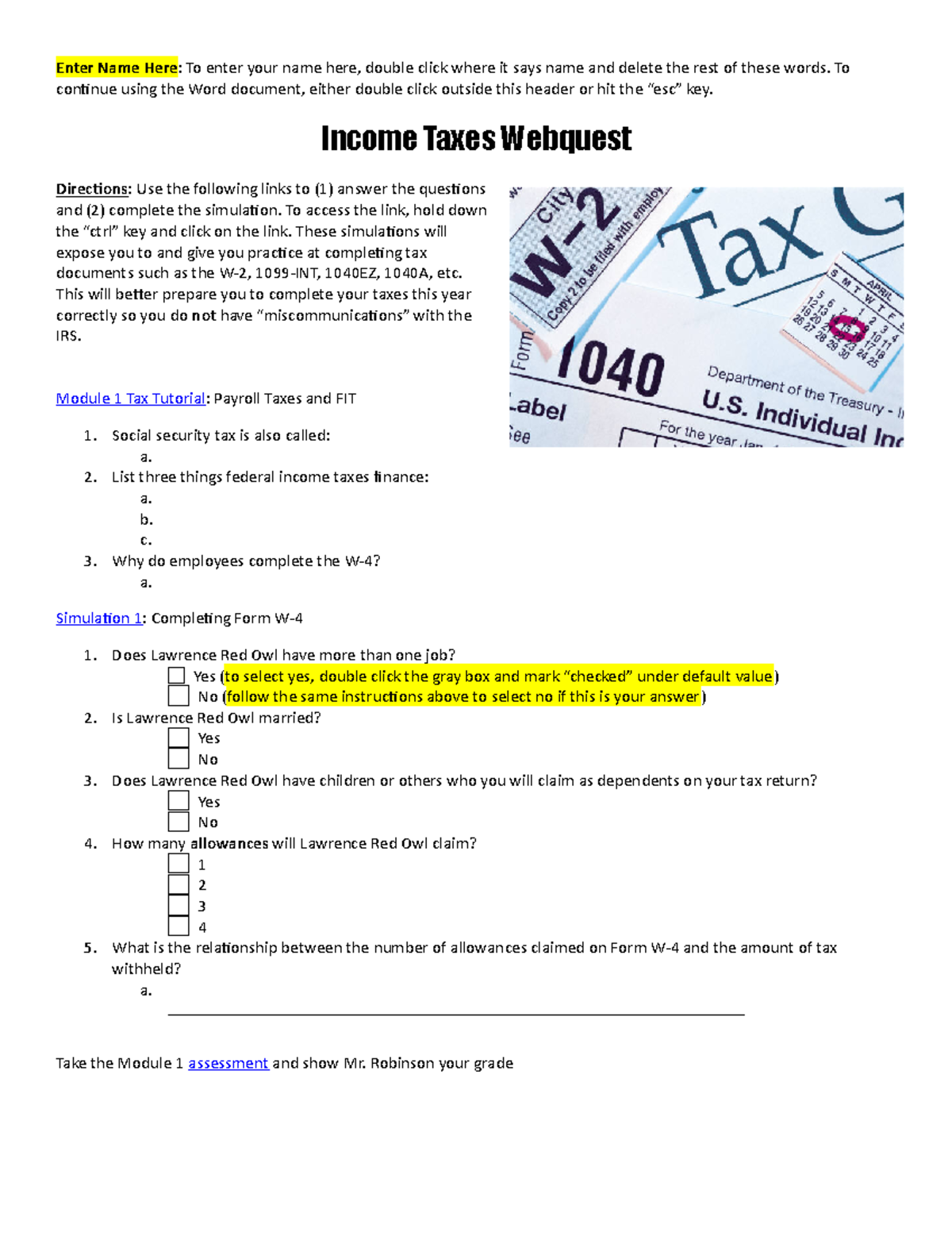 Income Taxes - Webquest - continue using the Word document, either ...