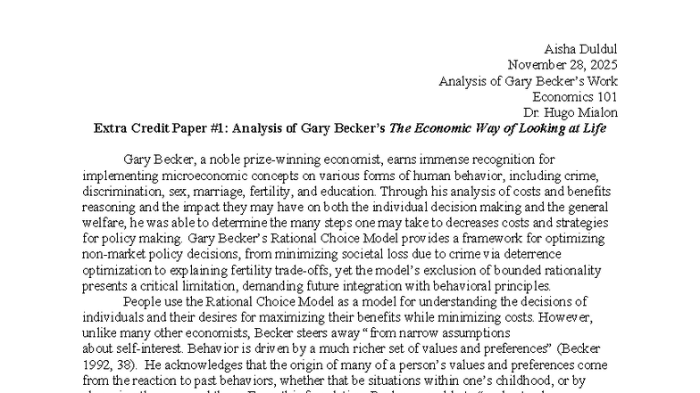 ECON 101 Extra Credit Paper: Analyzing Gary Becker's Economic Theories ...