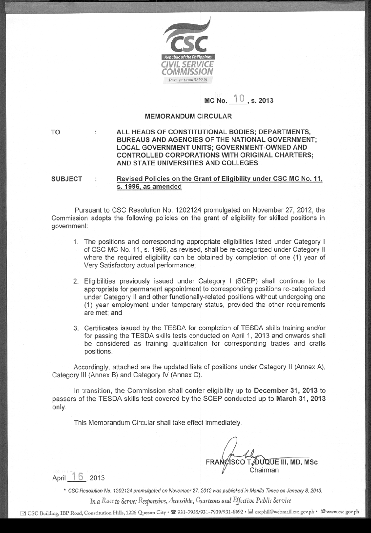 CSC MC No. 10 S. 2013 - Revised Policies for Skilled Positions ...