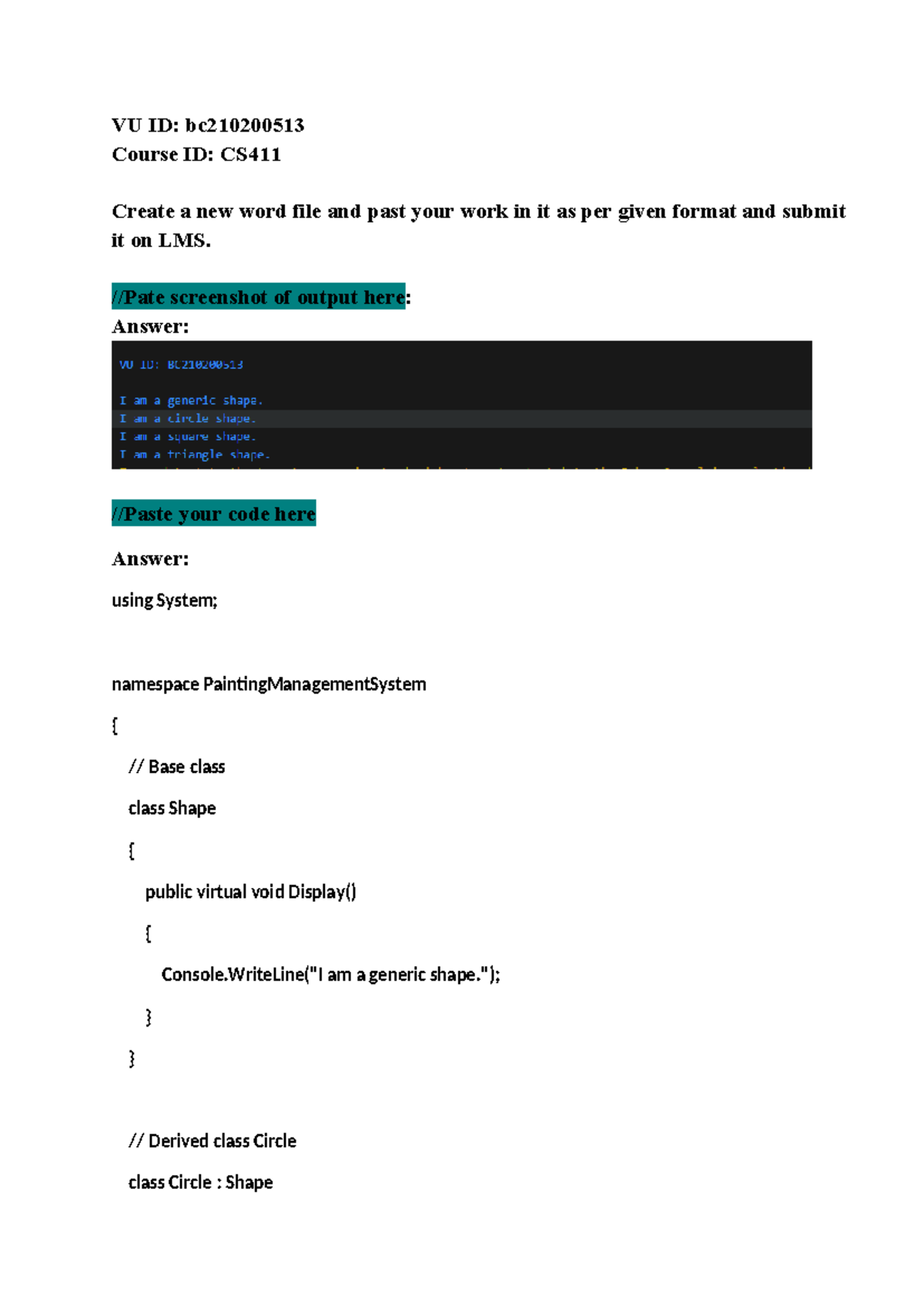 CS411 Assignment: Implementing Shape Classes in C# - Studocu