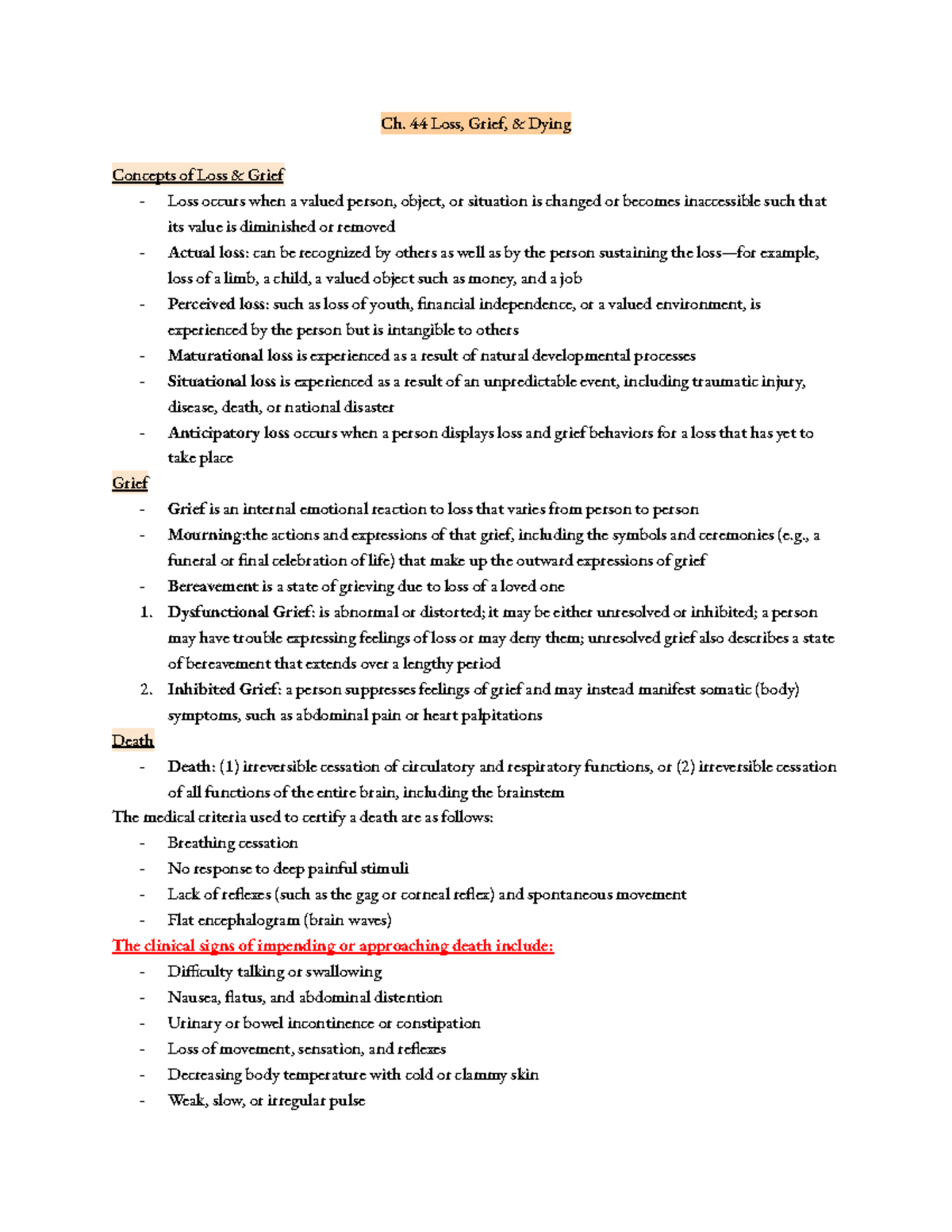 Ch. 44 Loss, Grief, & Dying: Understanding Actual vs. Perceived Loss ...
