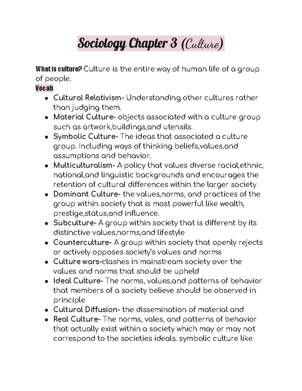 Sociology Chapter 3 notes - Sociology Chapter 3 ( Culture ) What is ...