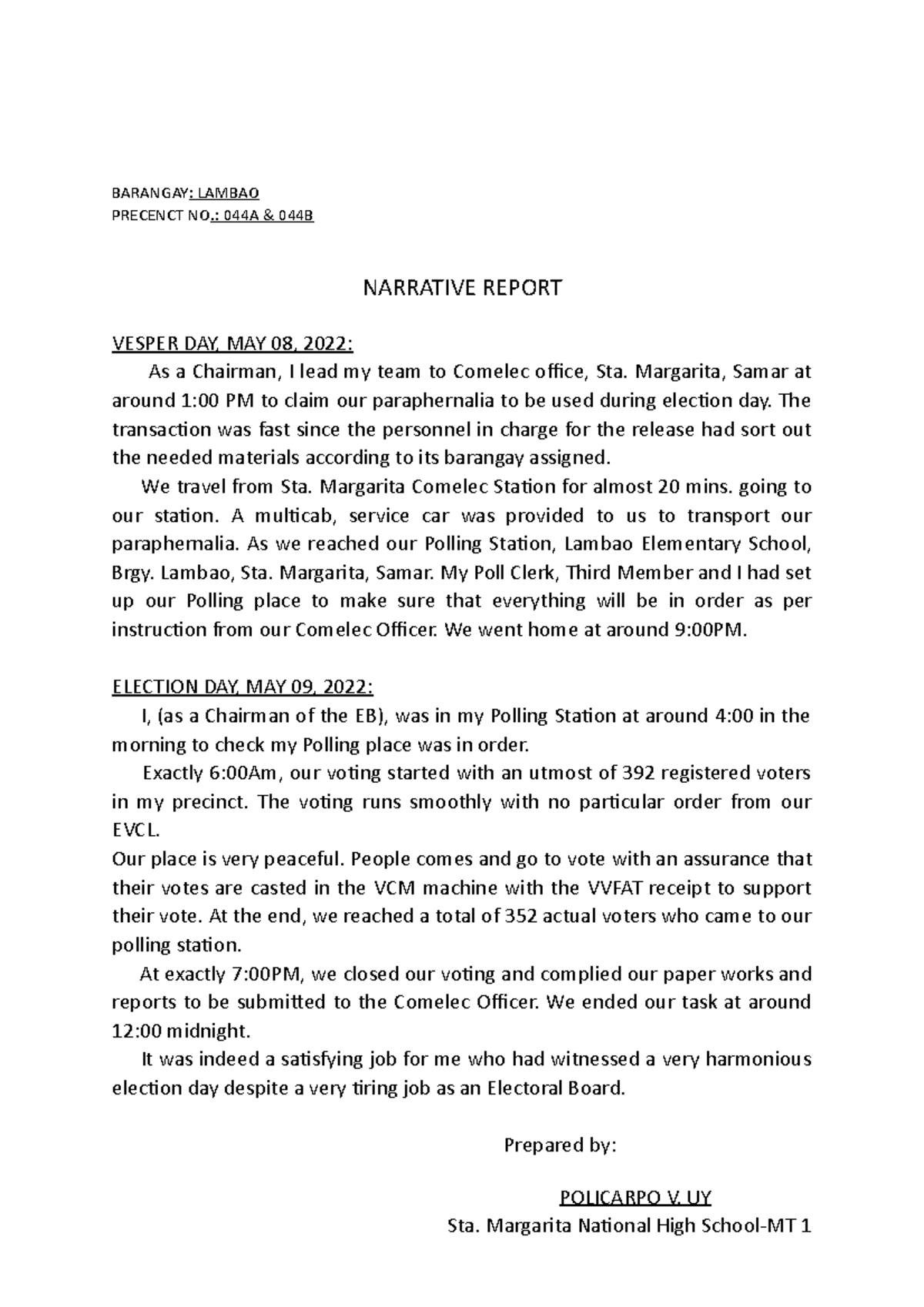 Narrative Report on Election Day Procedures - Comelec 2022 - Studocu