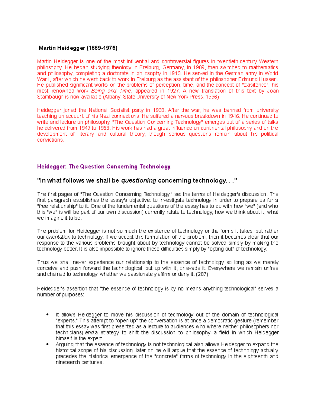 Heidegger PHI 101: Examining "The Question Concerning Technology" - Studocu