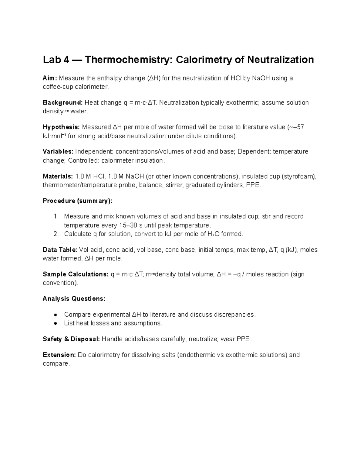 Lab 4: Thermochemistry - Calorimetry of HCl-NaOH Neutralization - Studocu