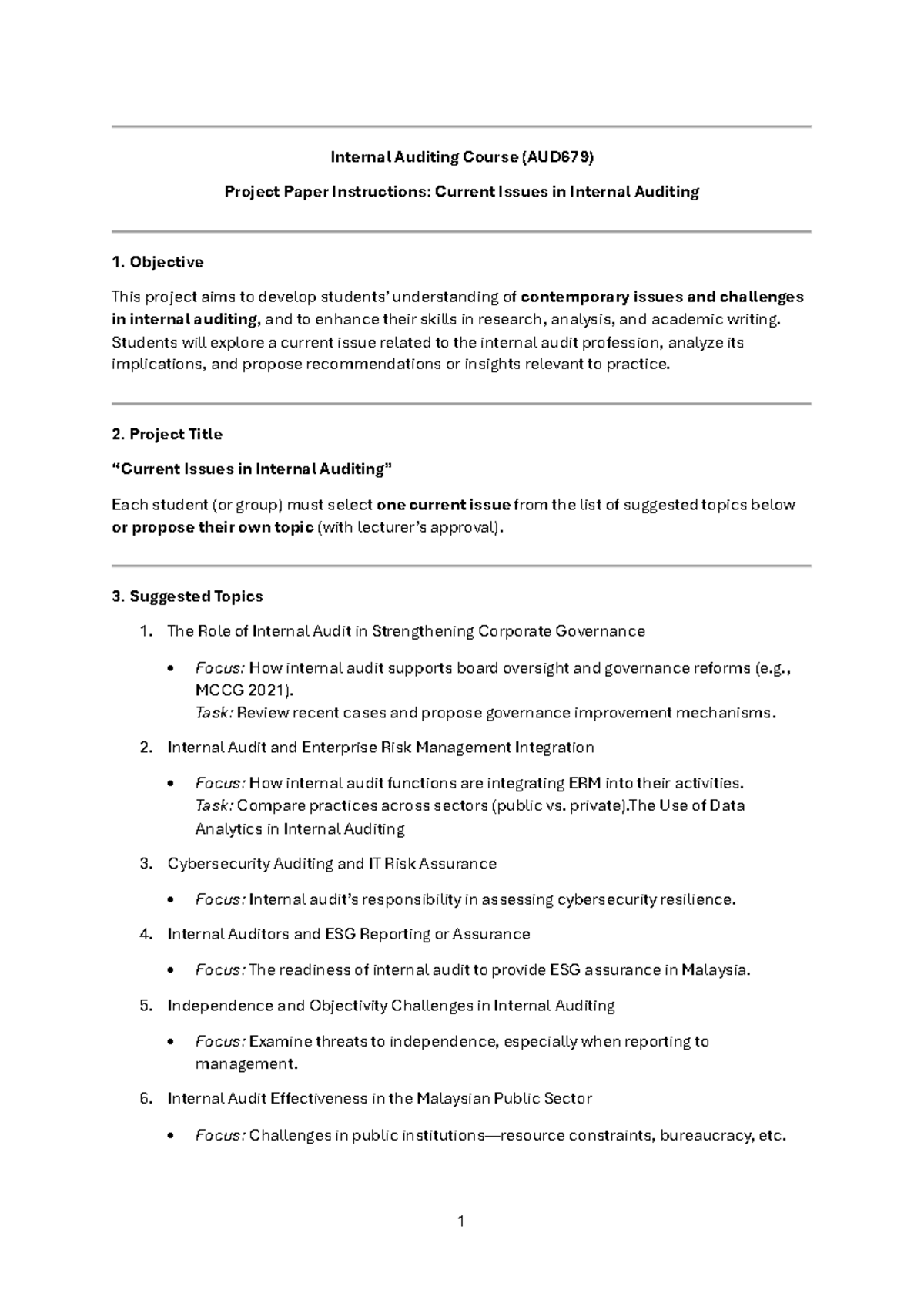 AUD679 Project Paper: Current Issues in Internal Auditing - Studocu