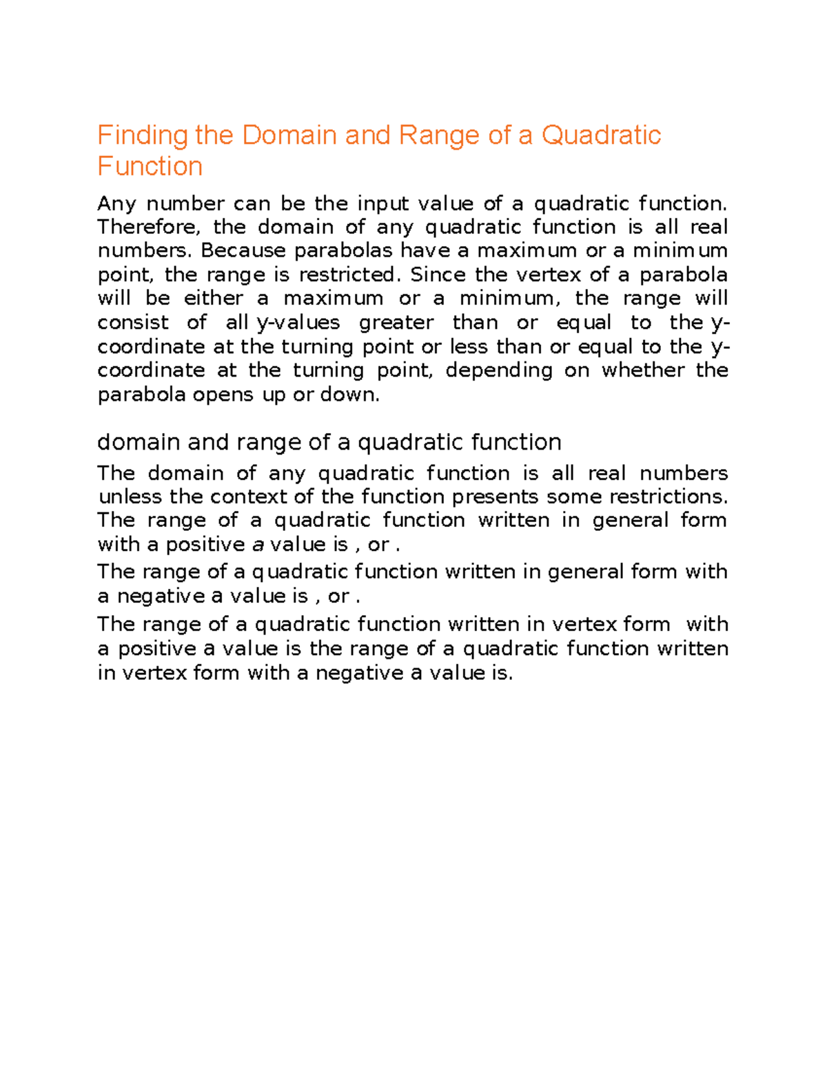 Finding the Domain and Range of a Quadratic Function - Finding the ...
