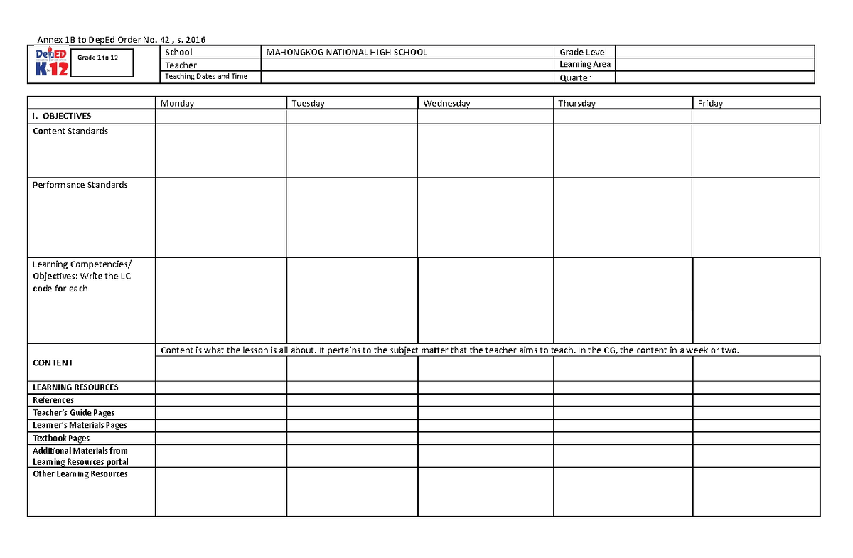 DepEd Order No. 42 Annex 1B: Blank DLL Template for Teachers - Studocu