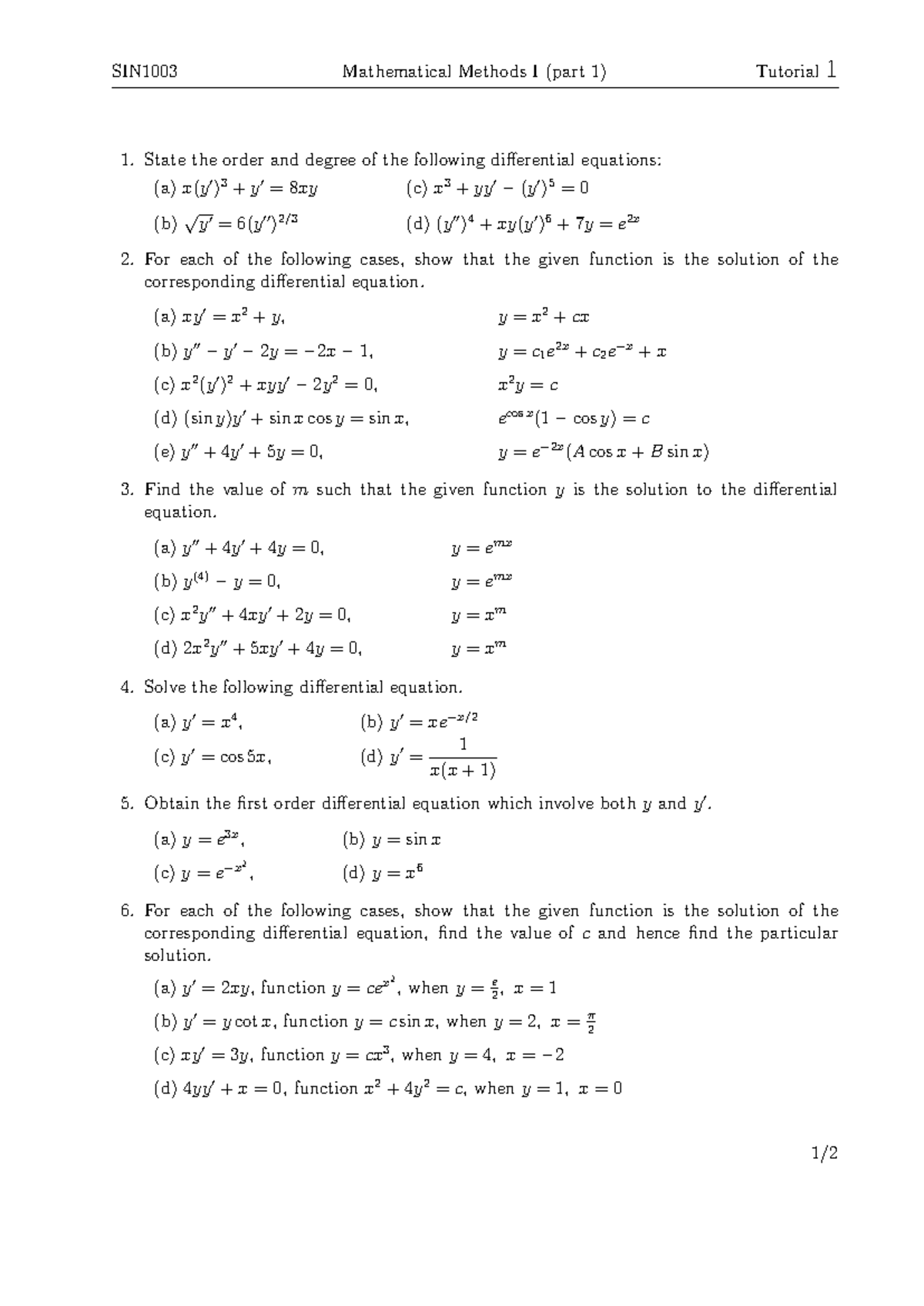 Tutorial 1 (Questions) - SIN1003 Mathematical Methods I (part 1 ...