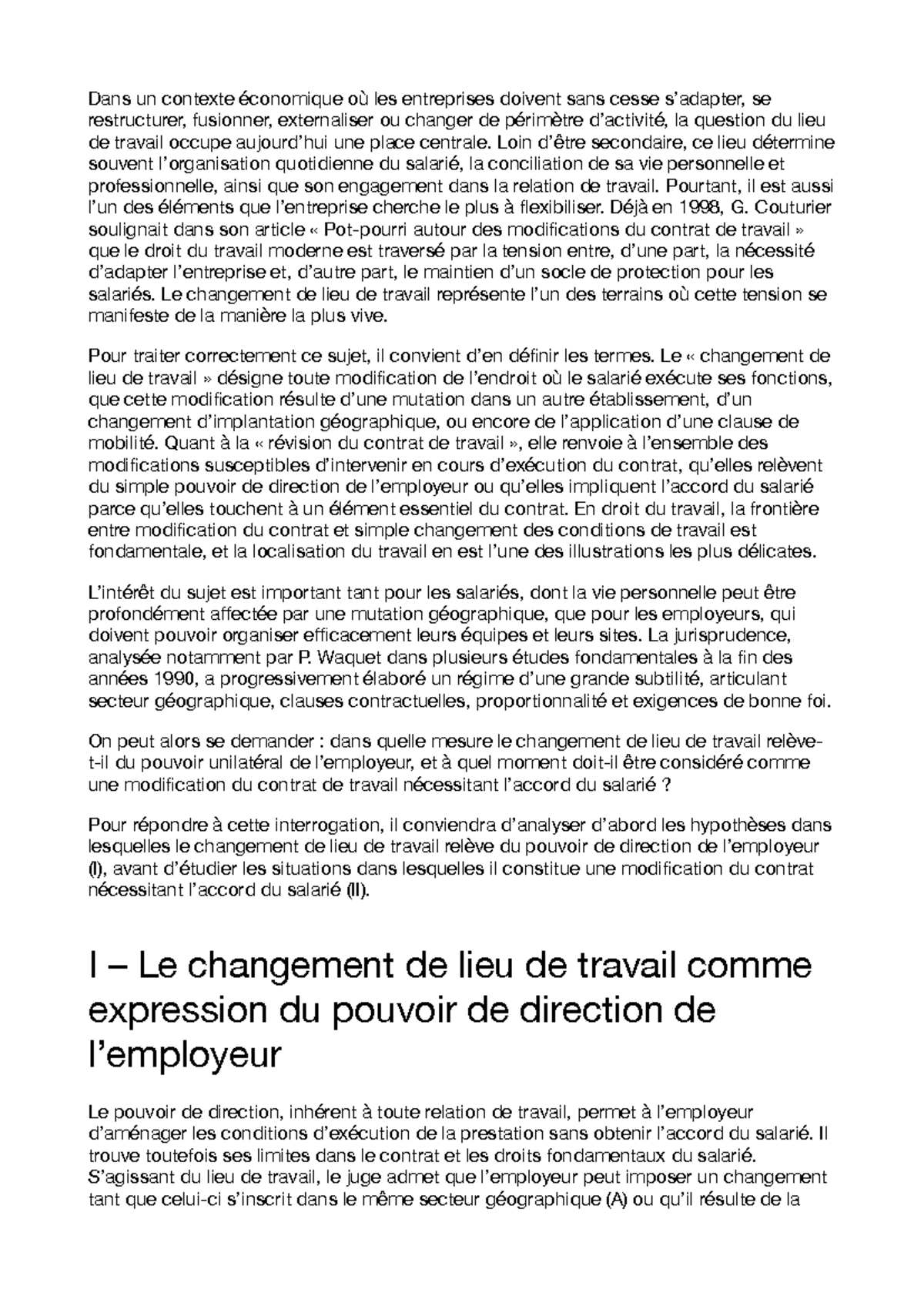 Dissertation Droit du Travail - Séance 8 : Changement de Lieu de ...