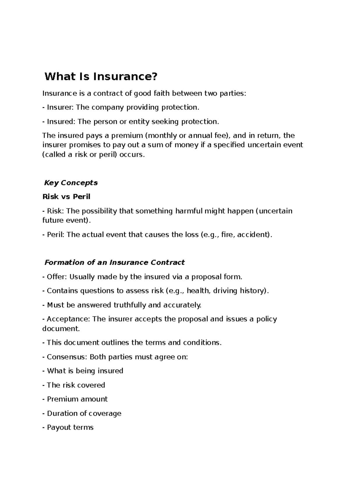 Contract of Insurance: Key Concepts and Principles - Studocu