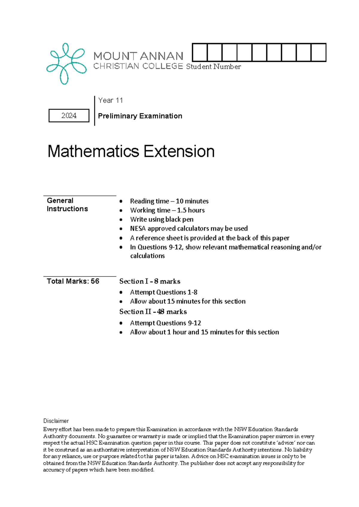 2024 Year 11 Mathematics Extension Preliminary Exam Paper - Studocu