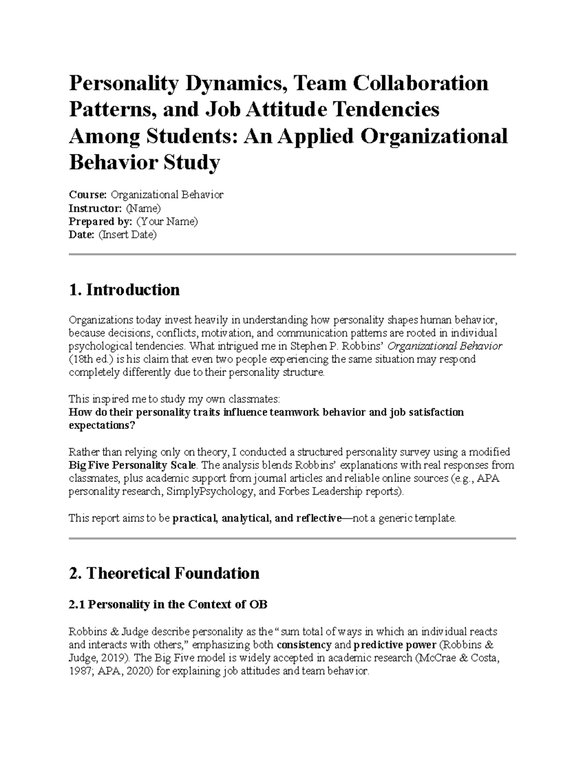 Organizational Behavior Study: Personality Dynamics & Team ...