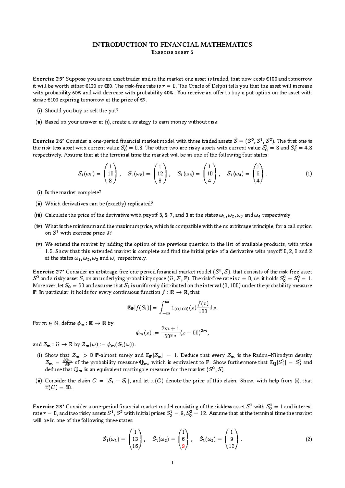 Exercises 5 - Financial Mathematics Problem Set and Solutions - Studeersnel
