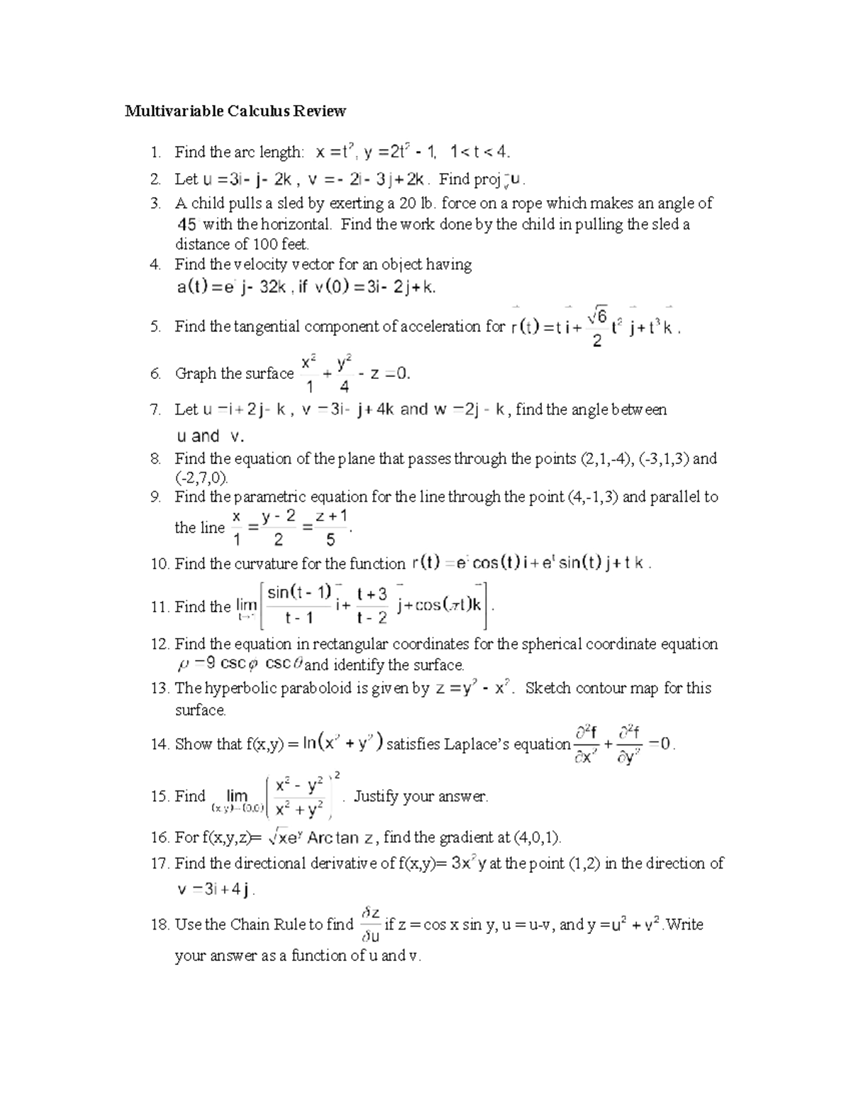 Multivariable Calculus Review: Key Concepts & Problems - Studocu