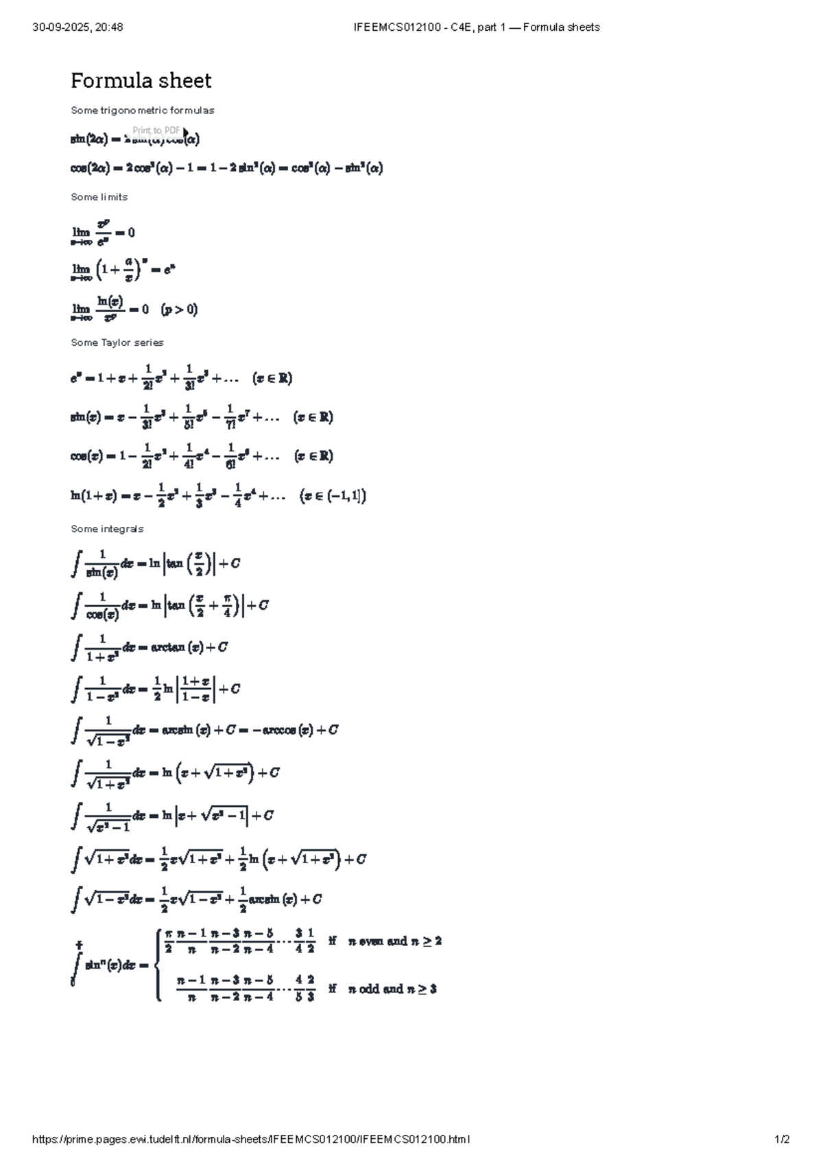 IFEEMCS012100 C4E: Trigonometric & Integral Formula Sheets - Studeersnel
