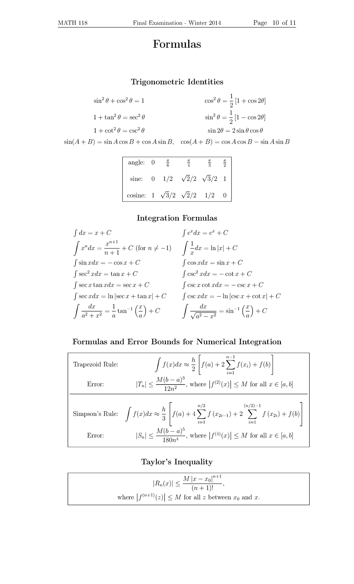 MATH 118 Final Exam - Essential Formula Sheet for 2014 - Studocu