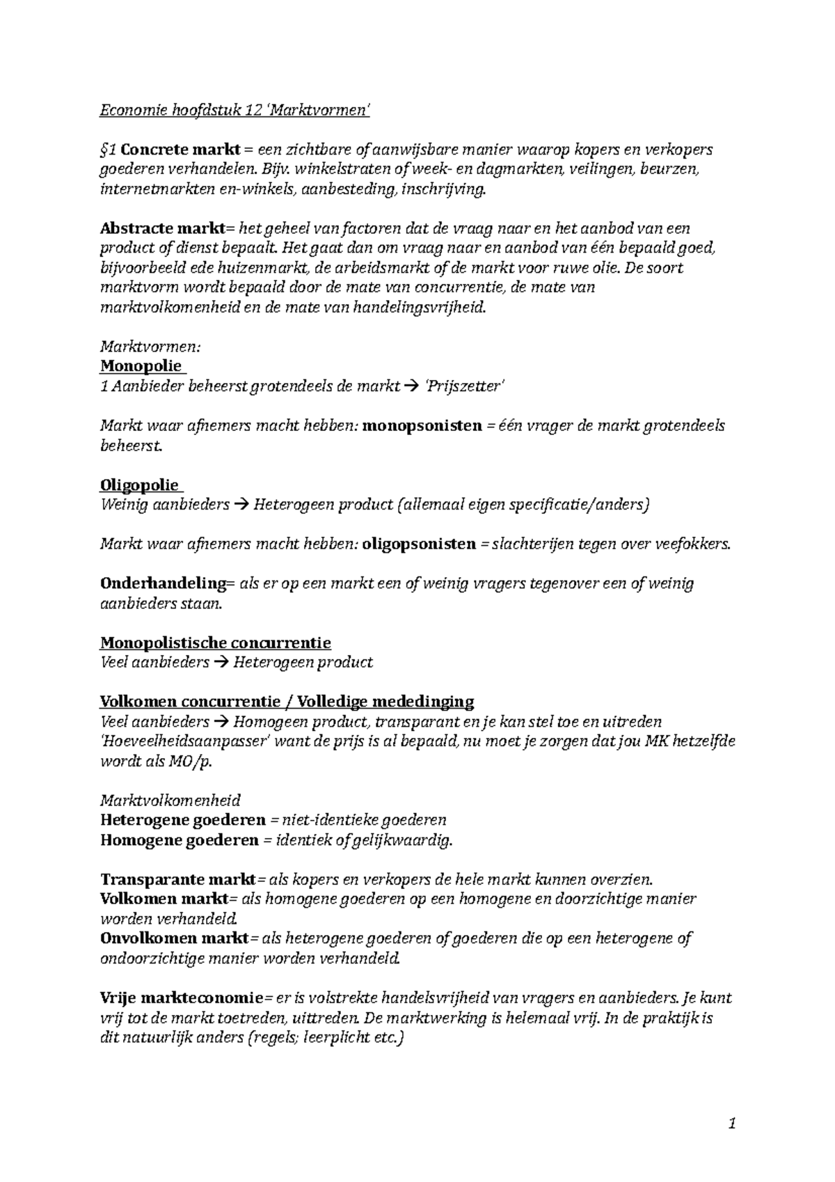 Economie Hoofdstuk 12: Marktvormen en Marktevenwicht Analyse - Studeersnel