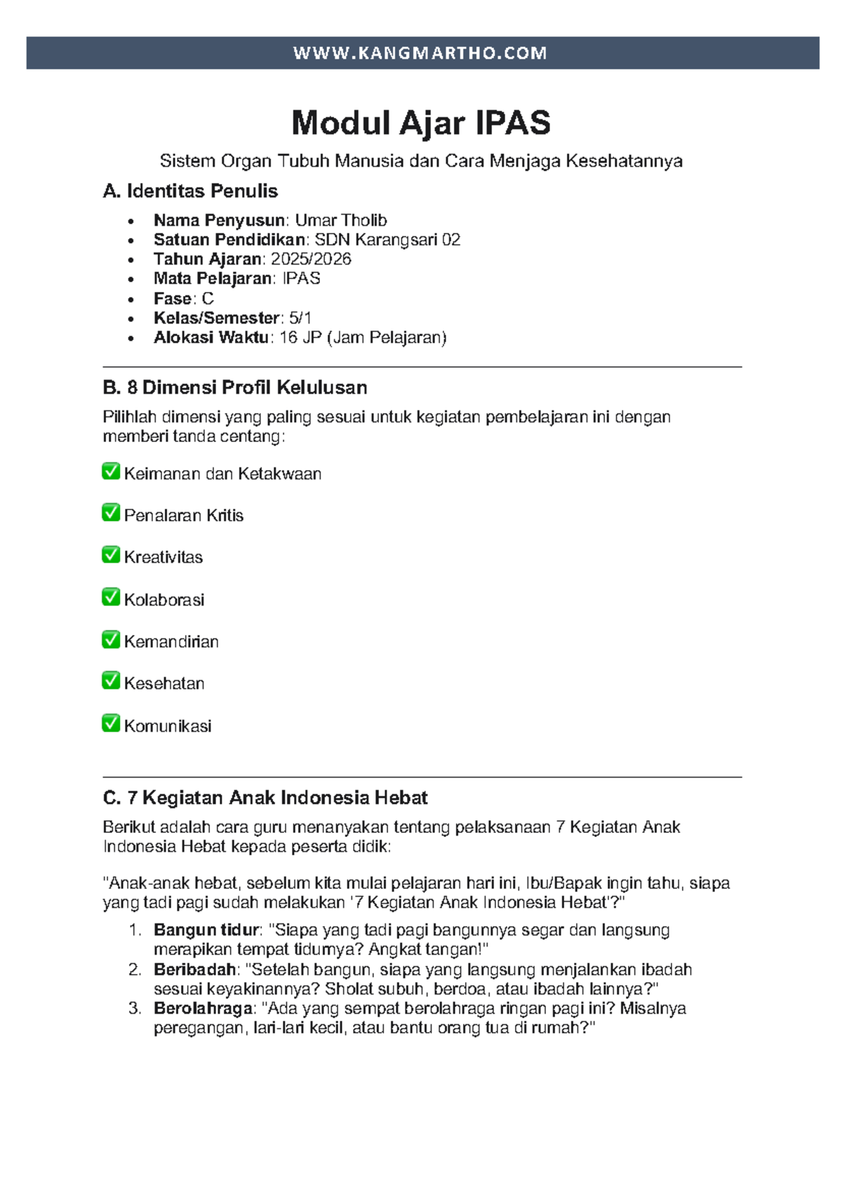 MA RPM IPAS 5 - Modul Ajar Sistem Organ Tubuh dan Kesehatan - Studocu