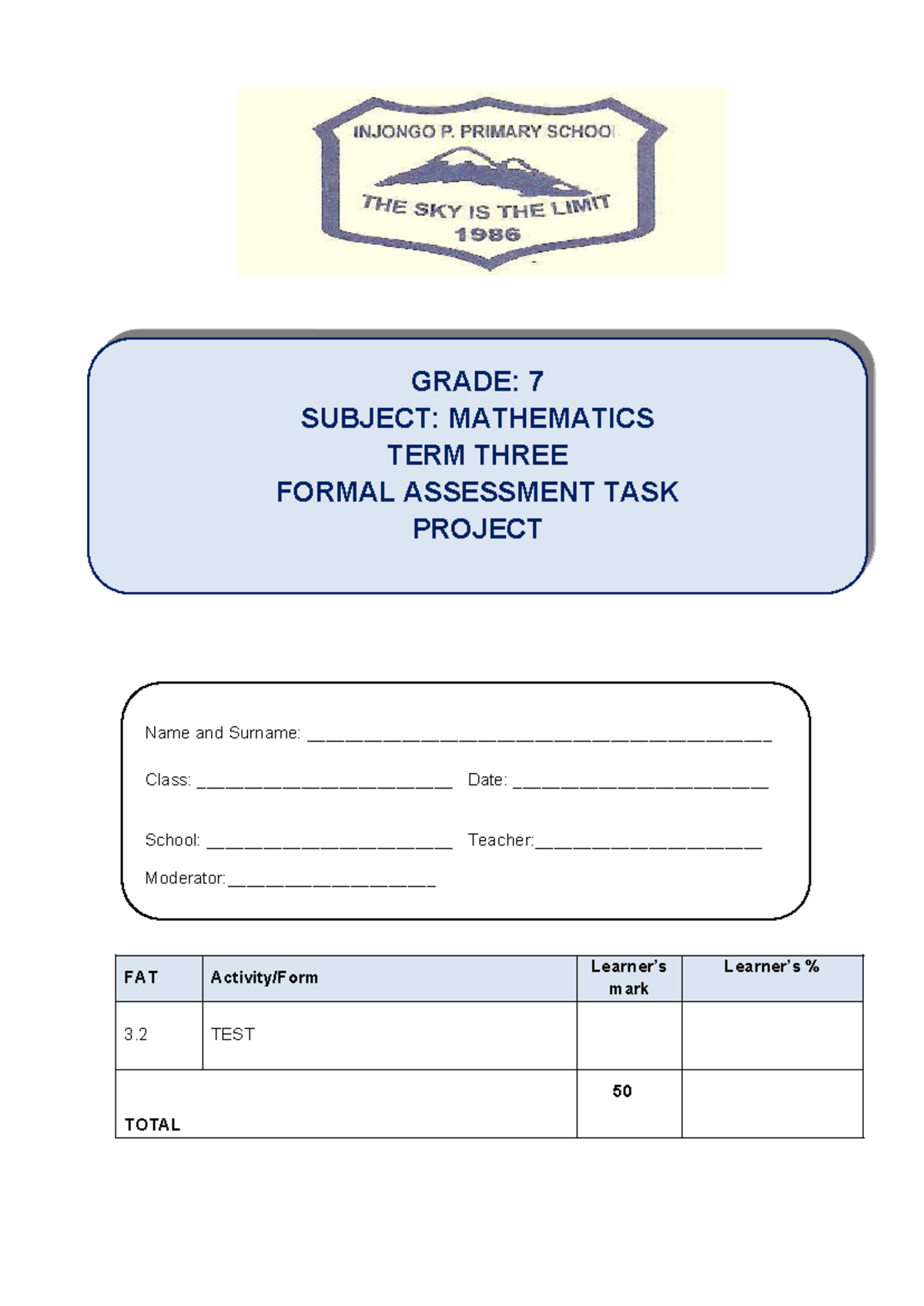 Grade 7 Mathematics Formal Assessment Project Term 3 - Studocu