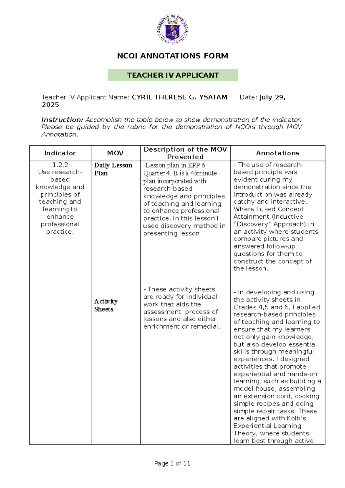 NCOI Annotations for Teacher IV Applicant - CYRIL THERESE G. YSATAM ...