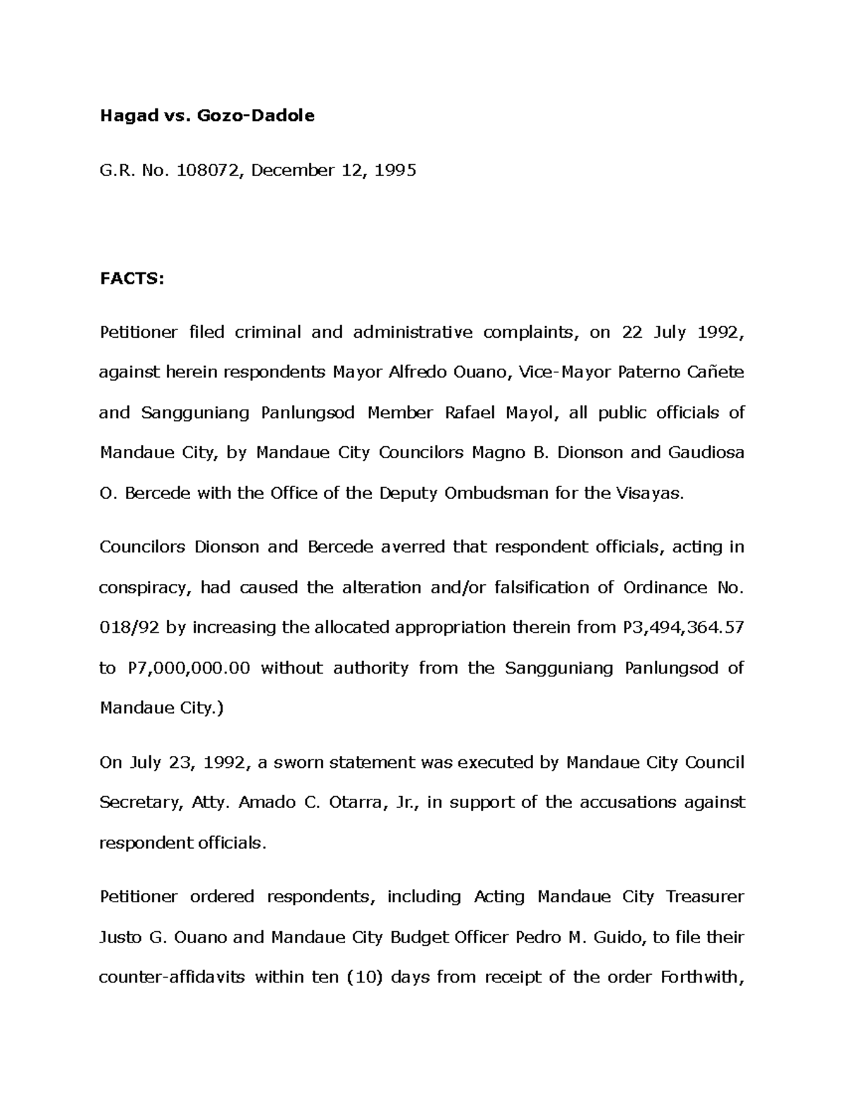 Hagad vs. Gozo-Dadole: G.R. No. 108072 Case Analysis and Findings - Studocu