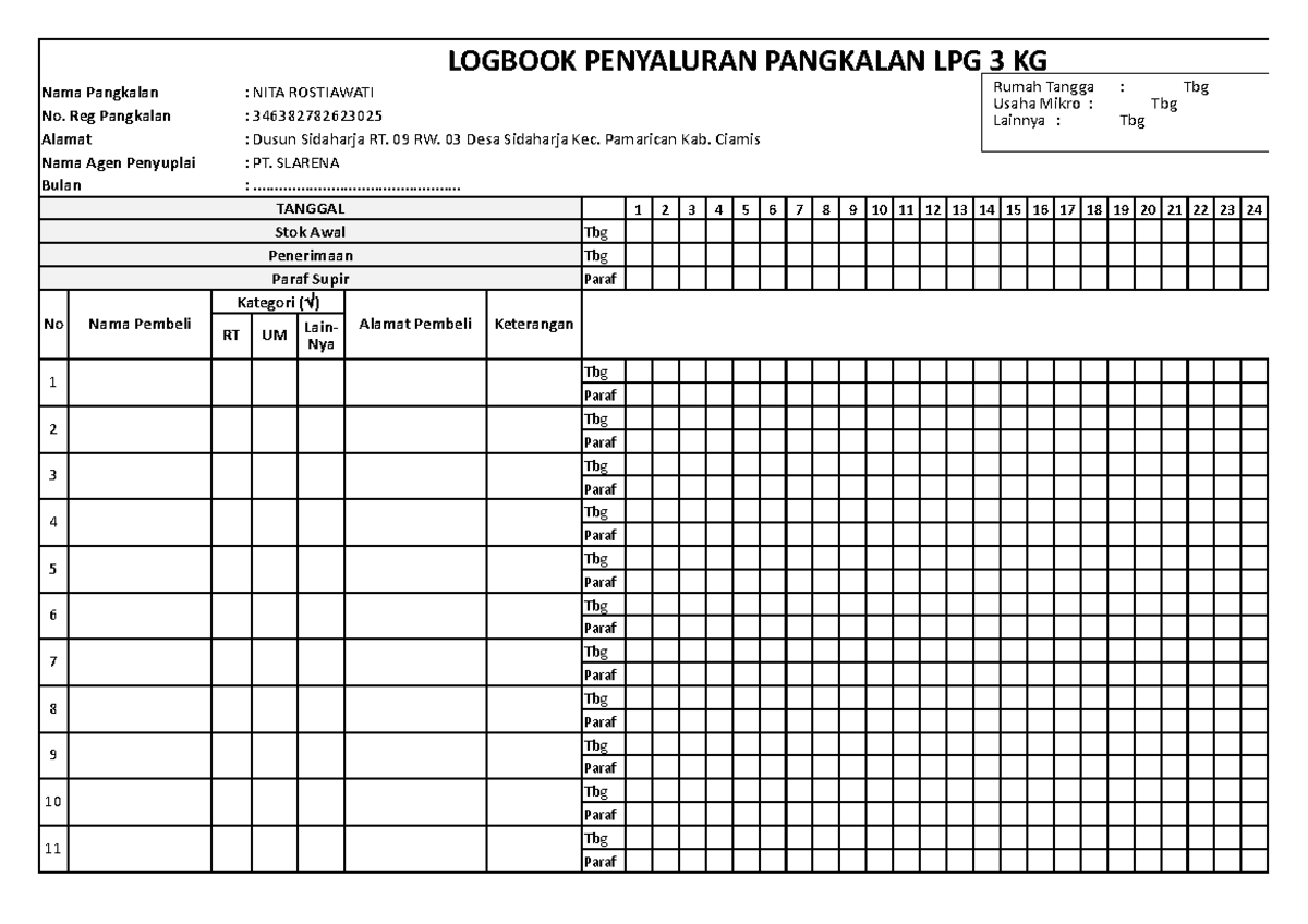 Logbook Penyaluran Pangkalan LPG 3 KG - PT. SLARENA Documentation - Studocu