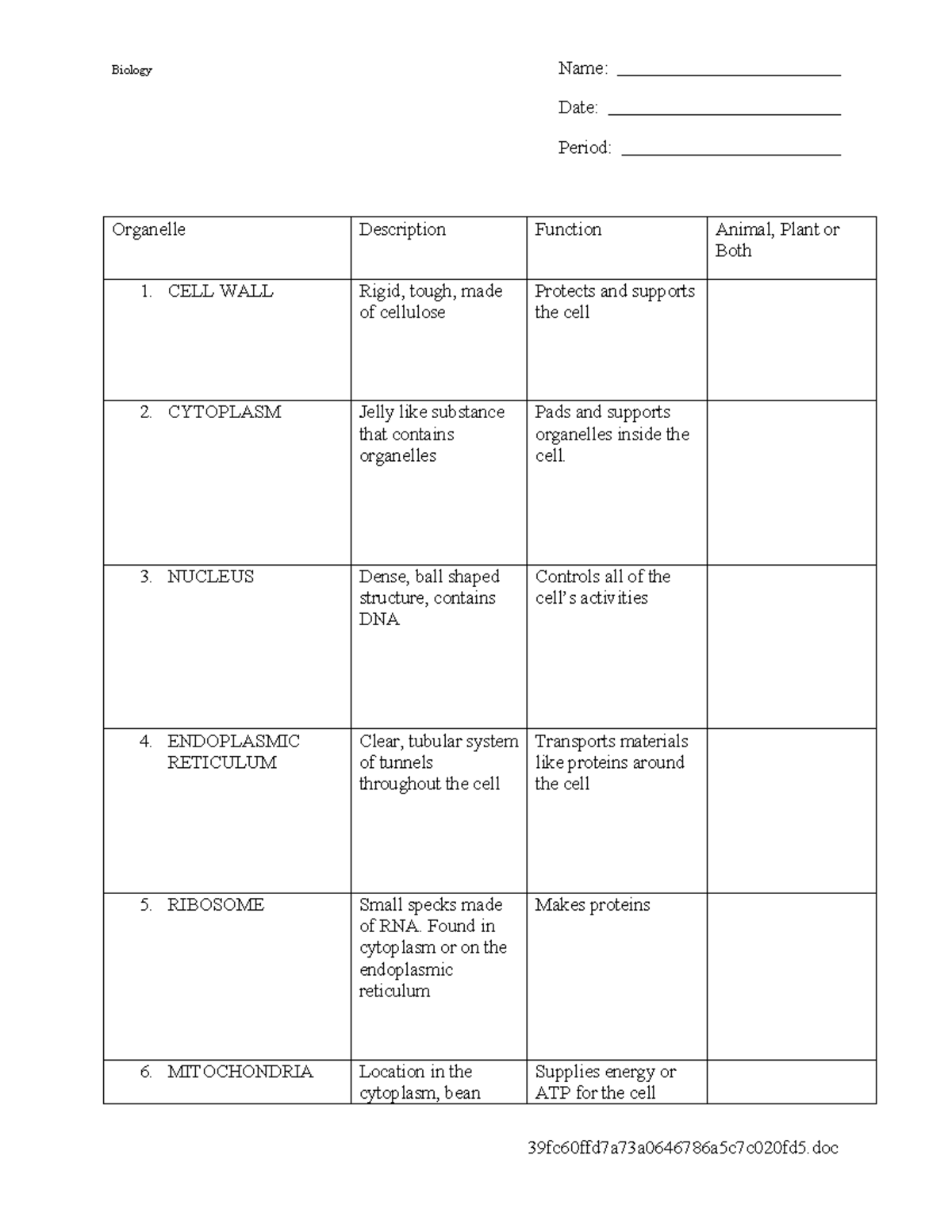 Cell Organelles Worksheet - Biology 101 - Studocu