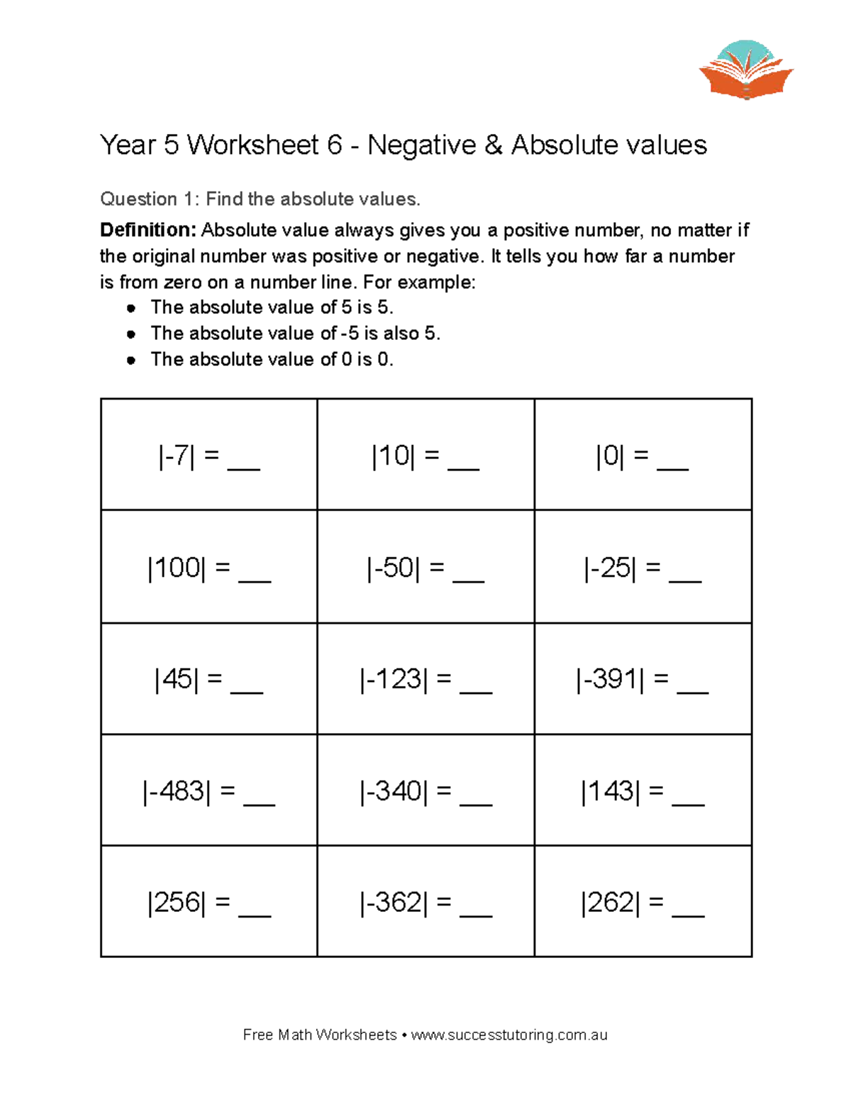 Year 5 Math Worksheet 6: Understanding Absolute Values - Studocu