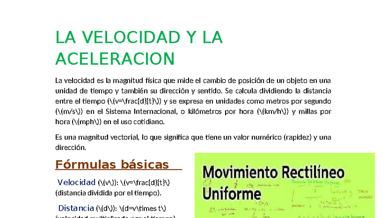 LA VELOCIDAD Y LA ACELERACIÓN: Conceptos y Cálculos Esenciales - Studocu