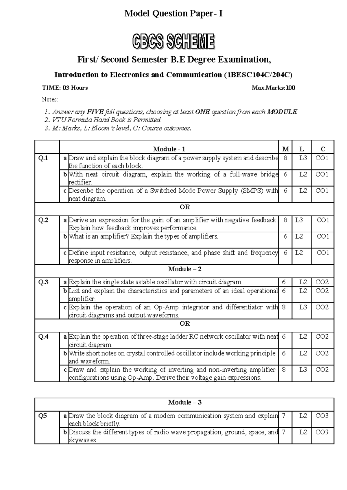 Model Question I - 1BESC104C: Introduction to Electronics & Communication Exam - Studocu
