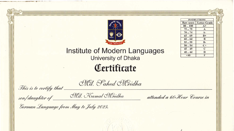 DU Certificate: German Language Course Completion - Md. Kamal Mridha ...
