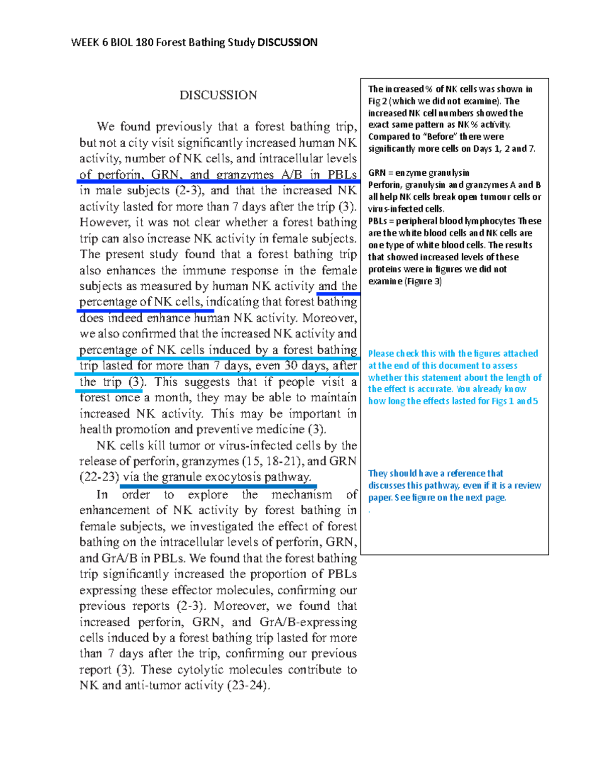 BIOL 180 Week 6 Discussion: Forest Bathing and NK Cell Activity - Studocu
