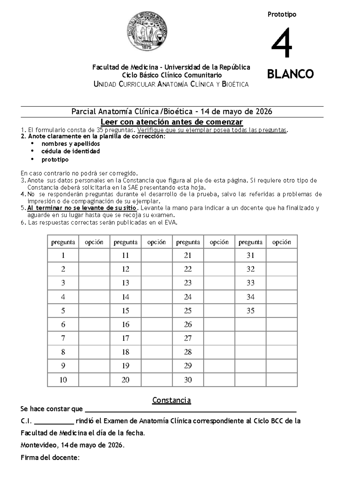 1ER Parcial 2026 Prototipo Anatomía Clínica y Bioética BCC - Studocu