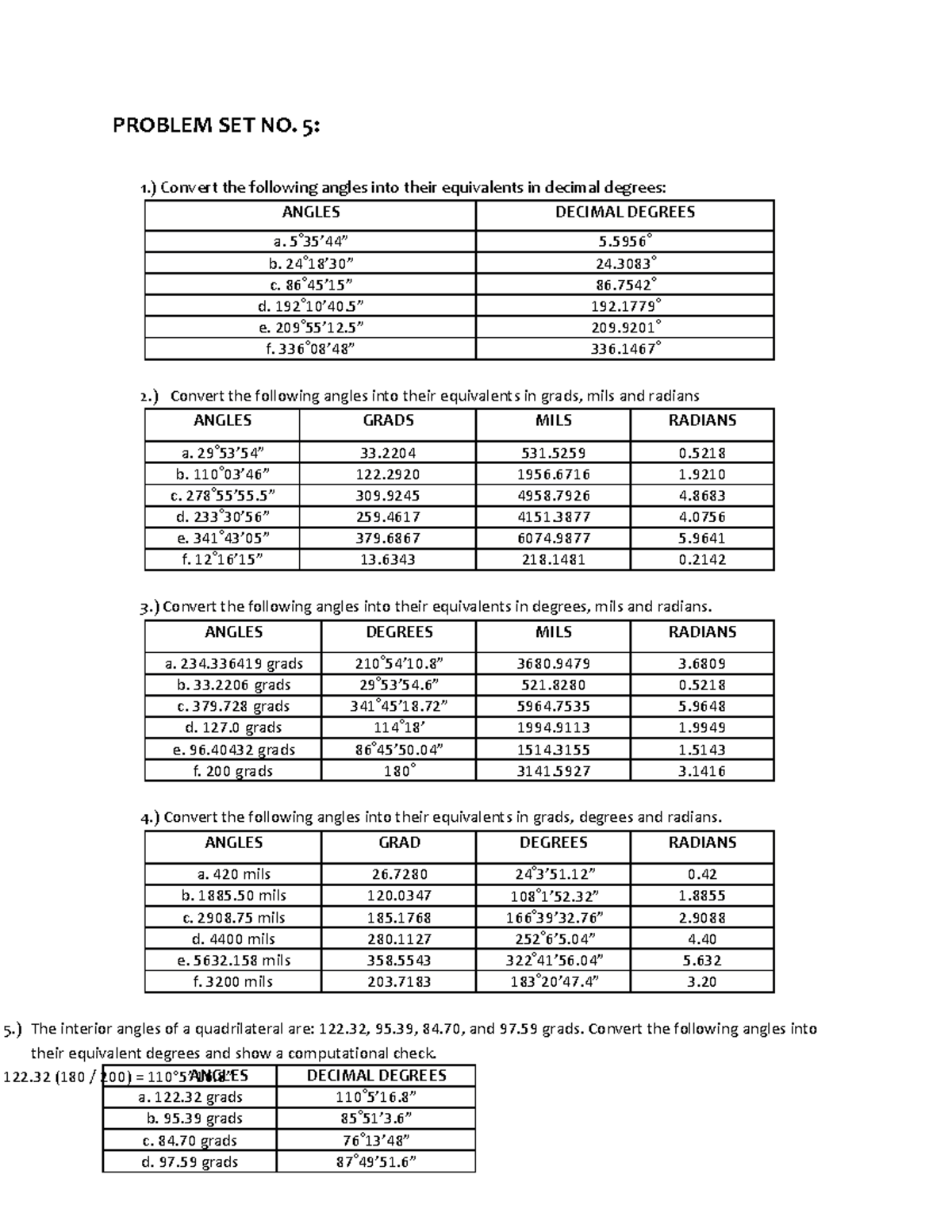Problem set no 5docx - surveying notes - PROBLEM SET NO. 5: 1.) Convert ...