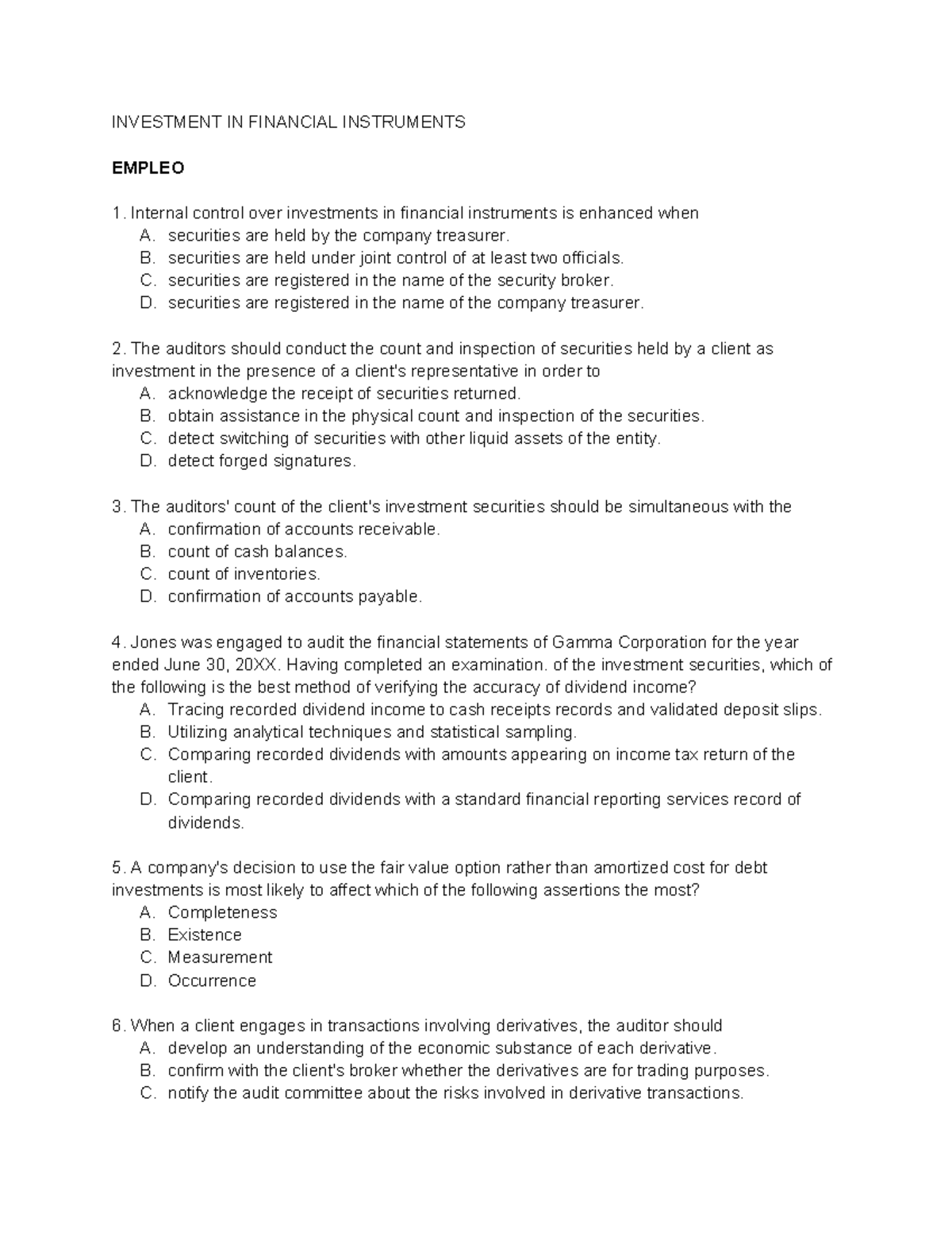 INVESTMENT AUDIT PROCEDURES: EMPLEO 1 - Key Concepts and Methods - Studocu