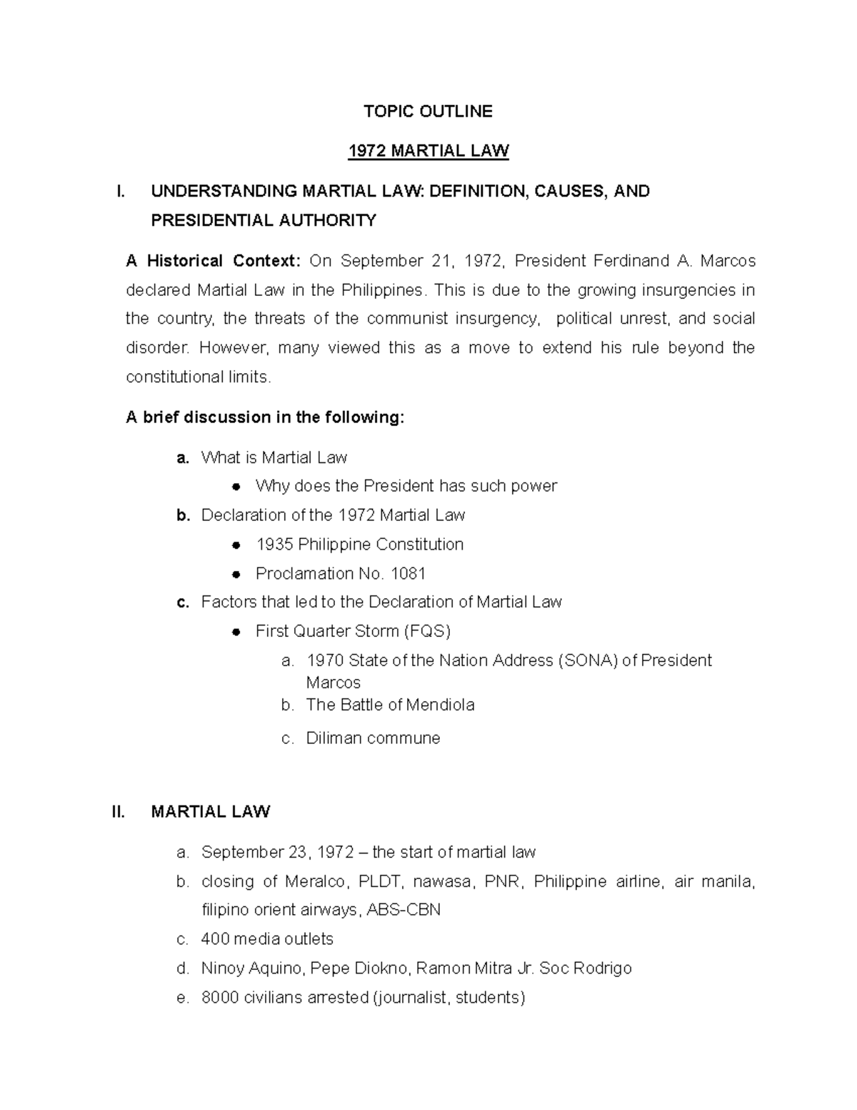 MARTIAL LAW IN THE PHILIPPINES: A 1972 HISTORICAL OVERVIEW - Studocu