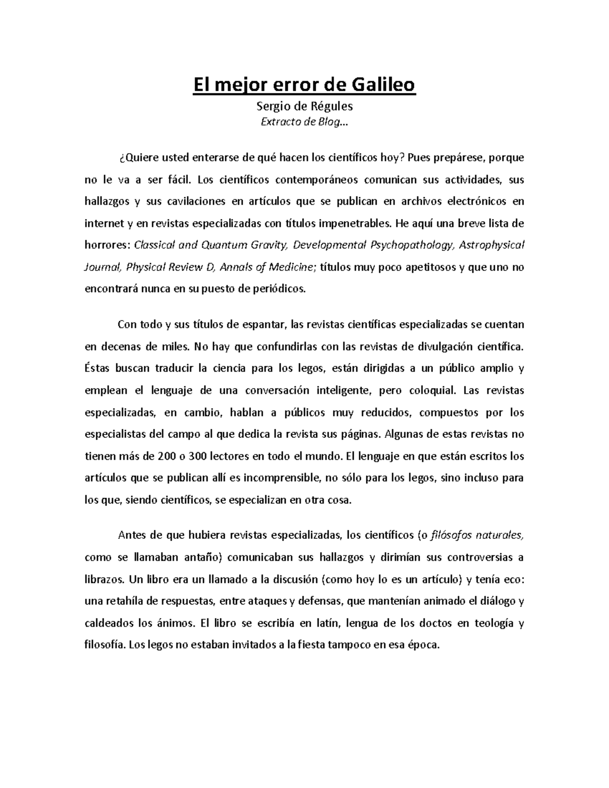 El mejor error de Galileo: Reflexiones sobre ciencia y comunicación ...