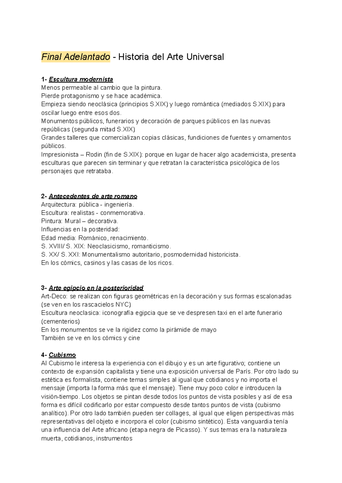 Final Exam: Historia del Arte Universal - Escultura Modernista y ...
