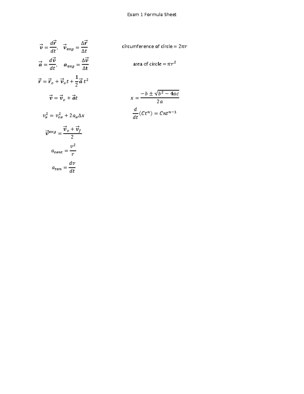Exam 1 Formula Sheet - Mechanics and Thermodynamics - Exam 1 Formula ...