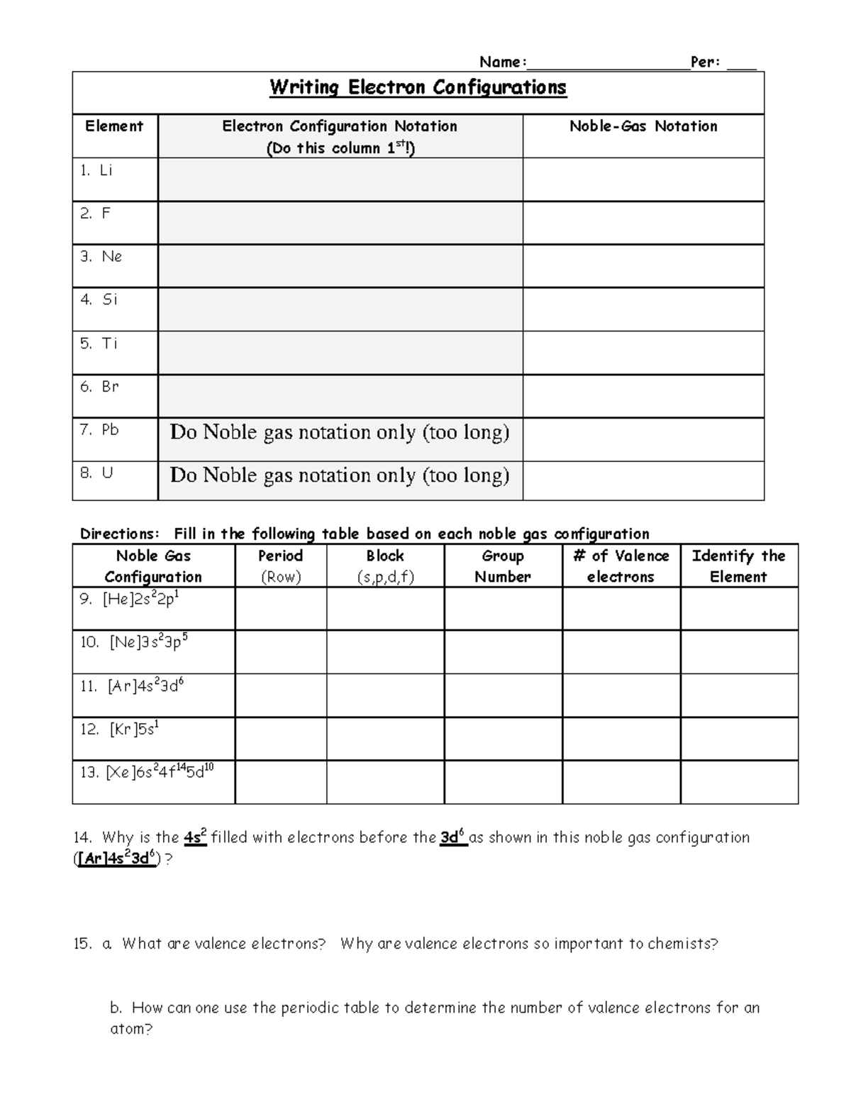 Electron Configuration Worksheet - Practice on Noble Gas Notation - Studocu
