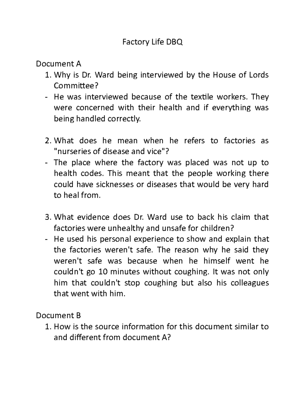 Factory Life DBQ - work for class - Factory Life DBQ Document A 1. Why ...